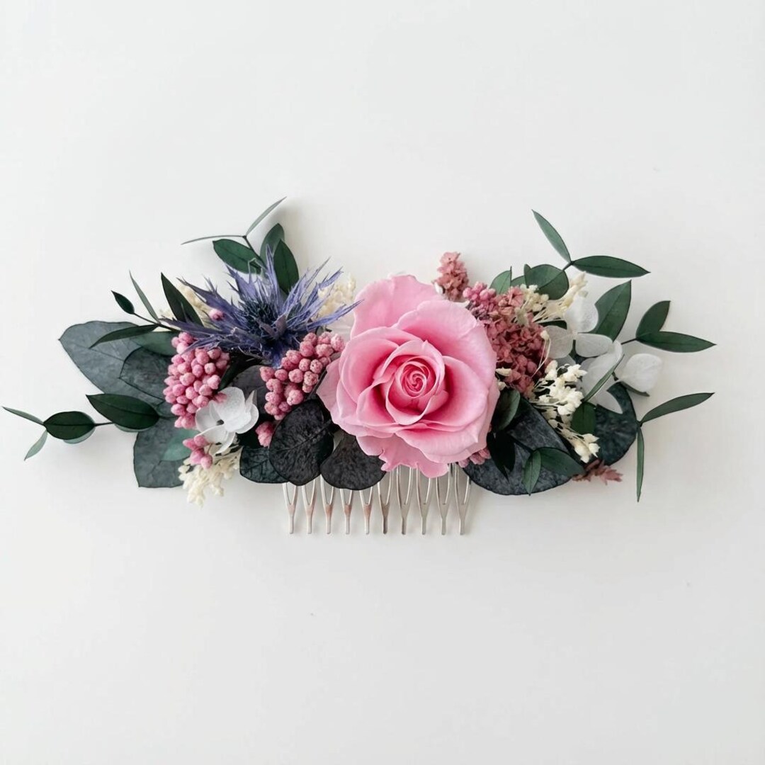 Pink Rose & Thistle Hair Comb / Dried Flower Bridal Hair Accessory - Etsy