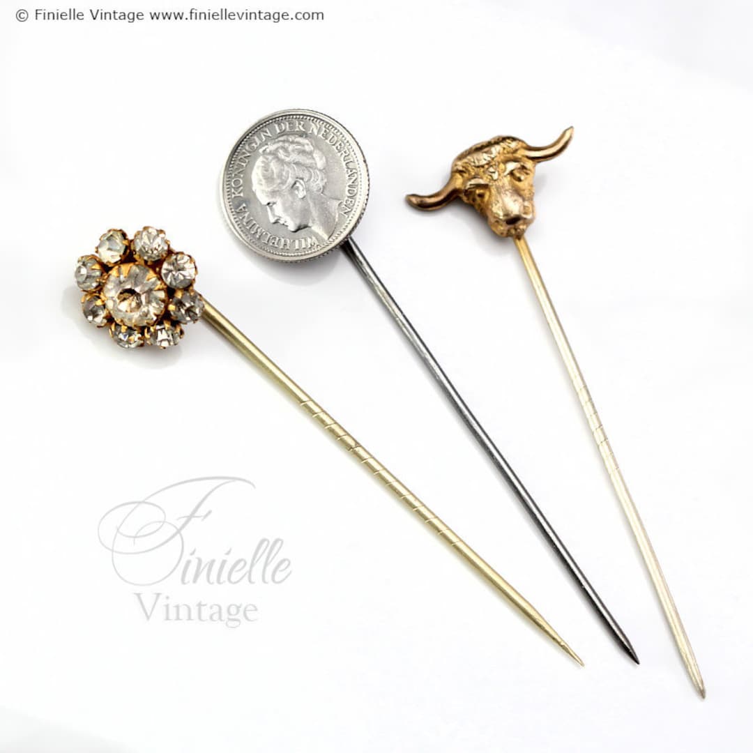 Set Antique and Vintage Stick Pins, Hat Pins, Glass Clear Rhinestones ...