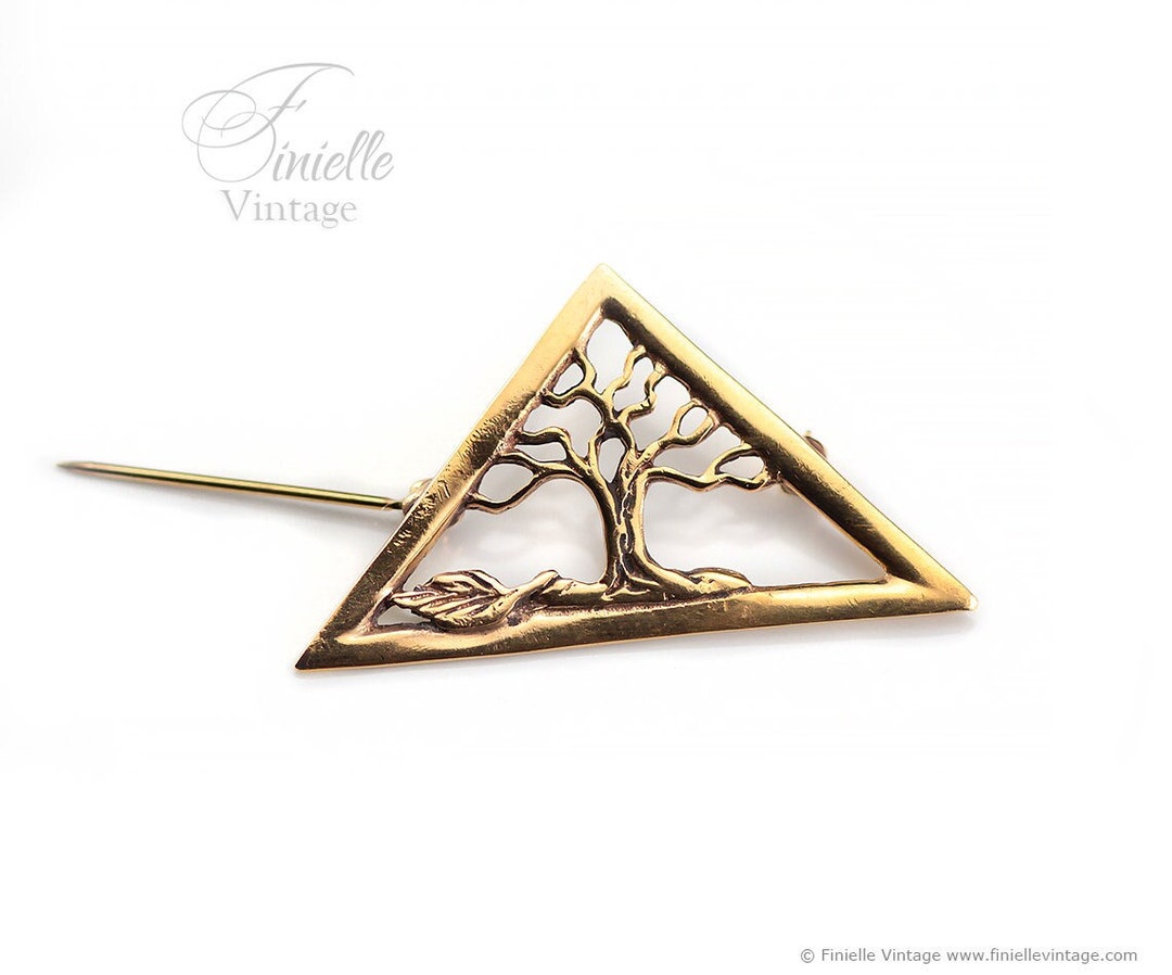 Vintage 1970s Tree of Life Triangle Brooch Pin, 18ct Gold Filled ...