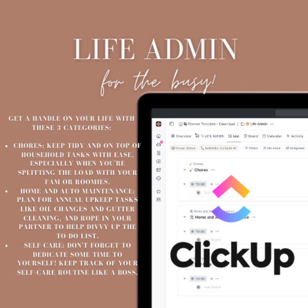 Clickup Planner Template: Home, Auto, Chores & Self-care - Etsy