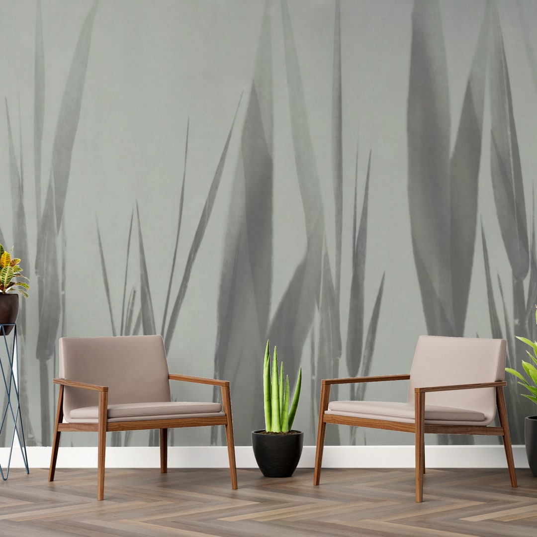 Beige-green Leaf Mural Wallpaper - Elegant Long Leaves Design for ...