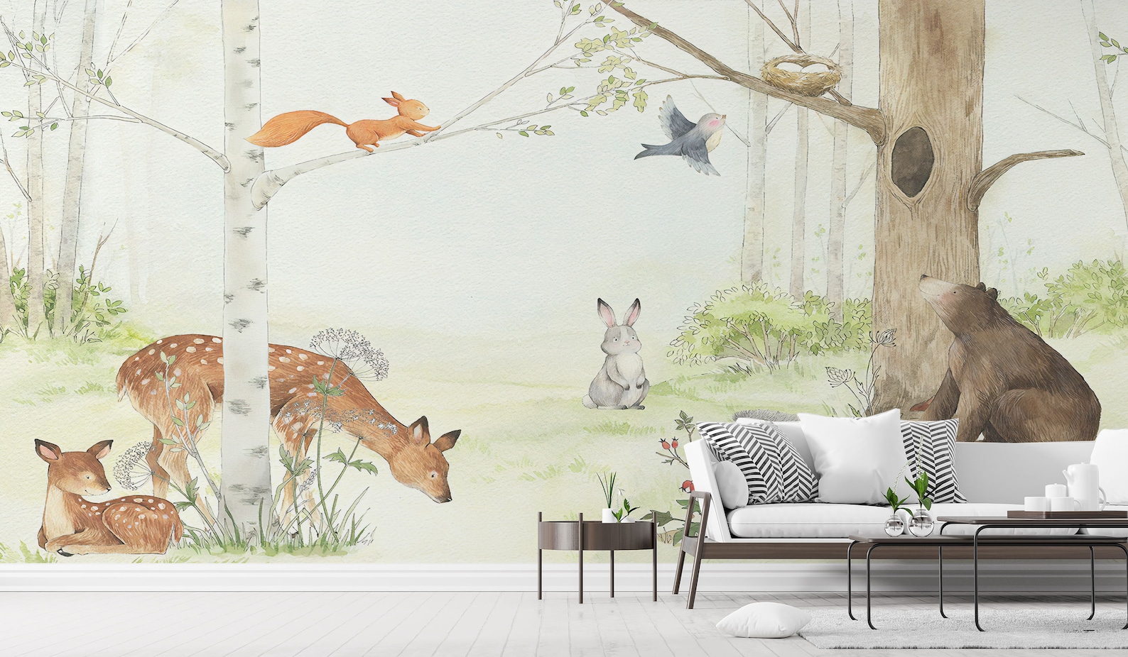 Peel and Stick Playful Forest Wallpaper With Bear, Deer & Rabbit by ...