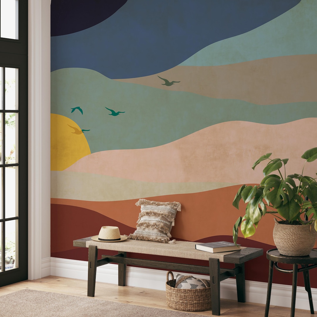 Boho Desert Sunset Landscape Wallpaper Mural-aw18 - Etsy