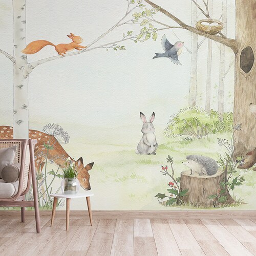 Peel and Stick Playful Forest Wallpaper With Bear Deer & - Etsy