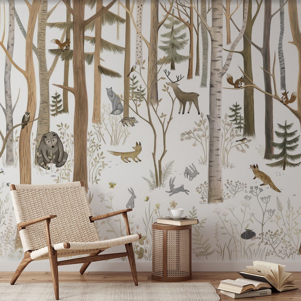 Watercolor Forest Animal Wallpaper | Nursery Wall Decor - Etsy