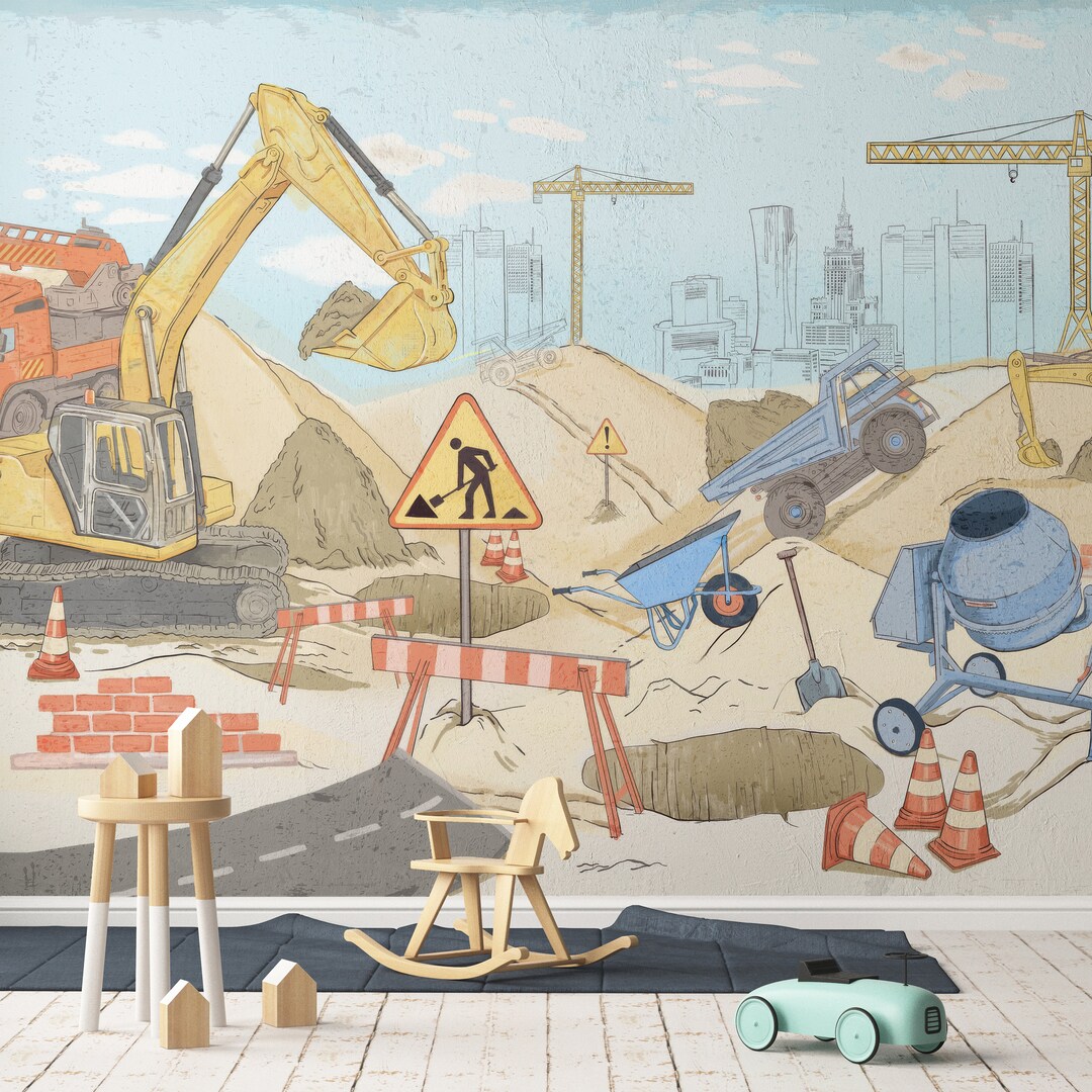 Colorful Construction Site Wallpaper Mural Kid's Room Civil Work Wall ...
