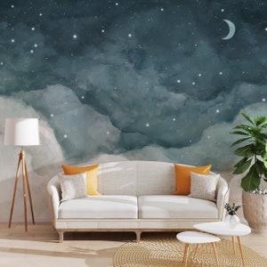 Starry Night Sky Watercolor Wall Mural - Celestial Moon - Stars Cloud ...