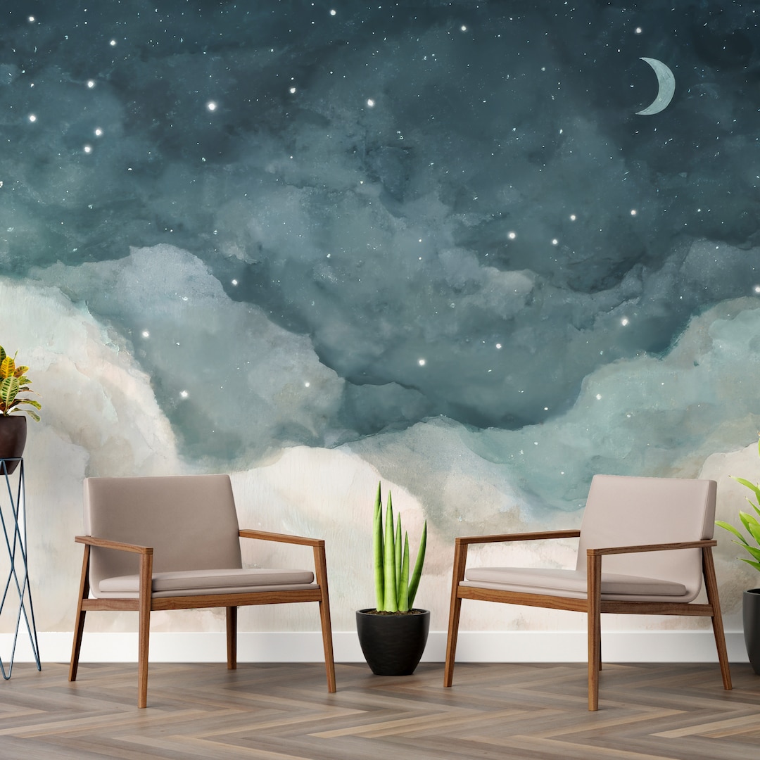 Starry Night Sky Watercolor Wall Mural - Celestial Moon - Stars Cloud ...