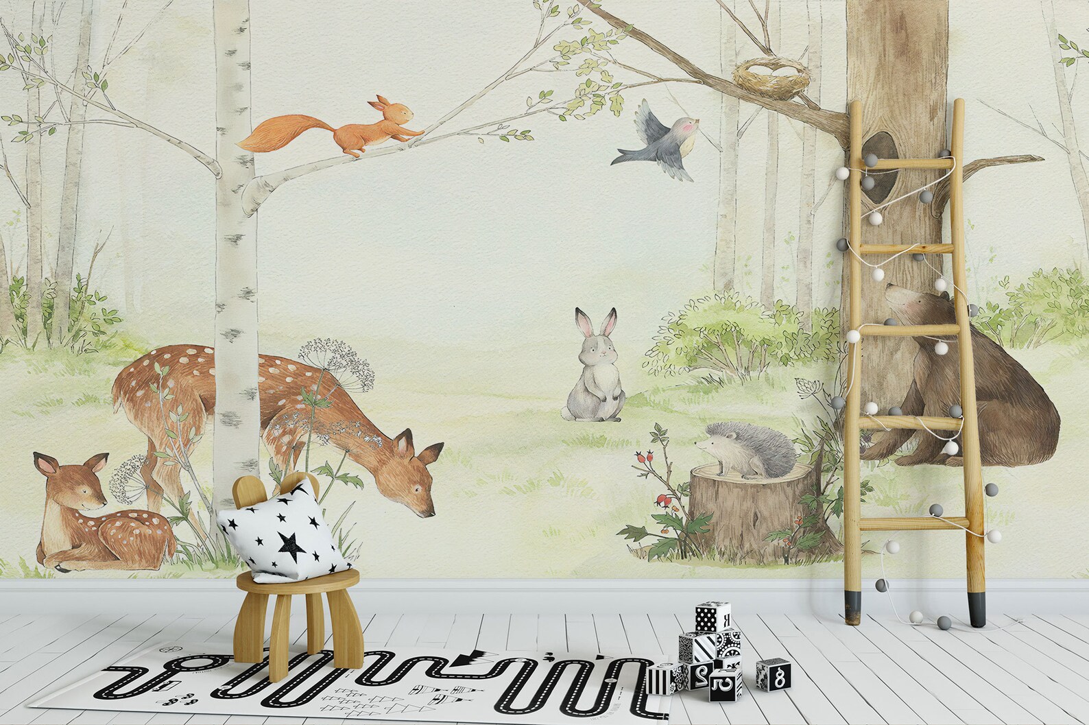 Peel and Stick Playful Forest Wallpaper With Bear, Deer & Rabbit by ...