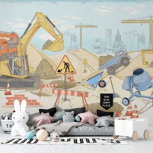 Colorful Construction Site Wallpaper Mural Kid's Room Civil Work Wall ...