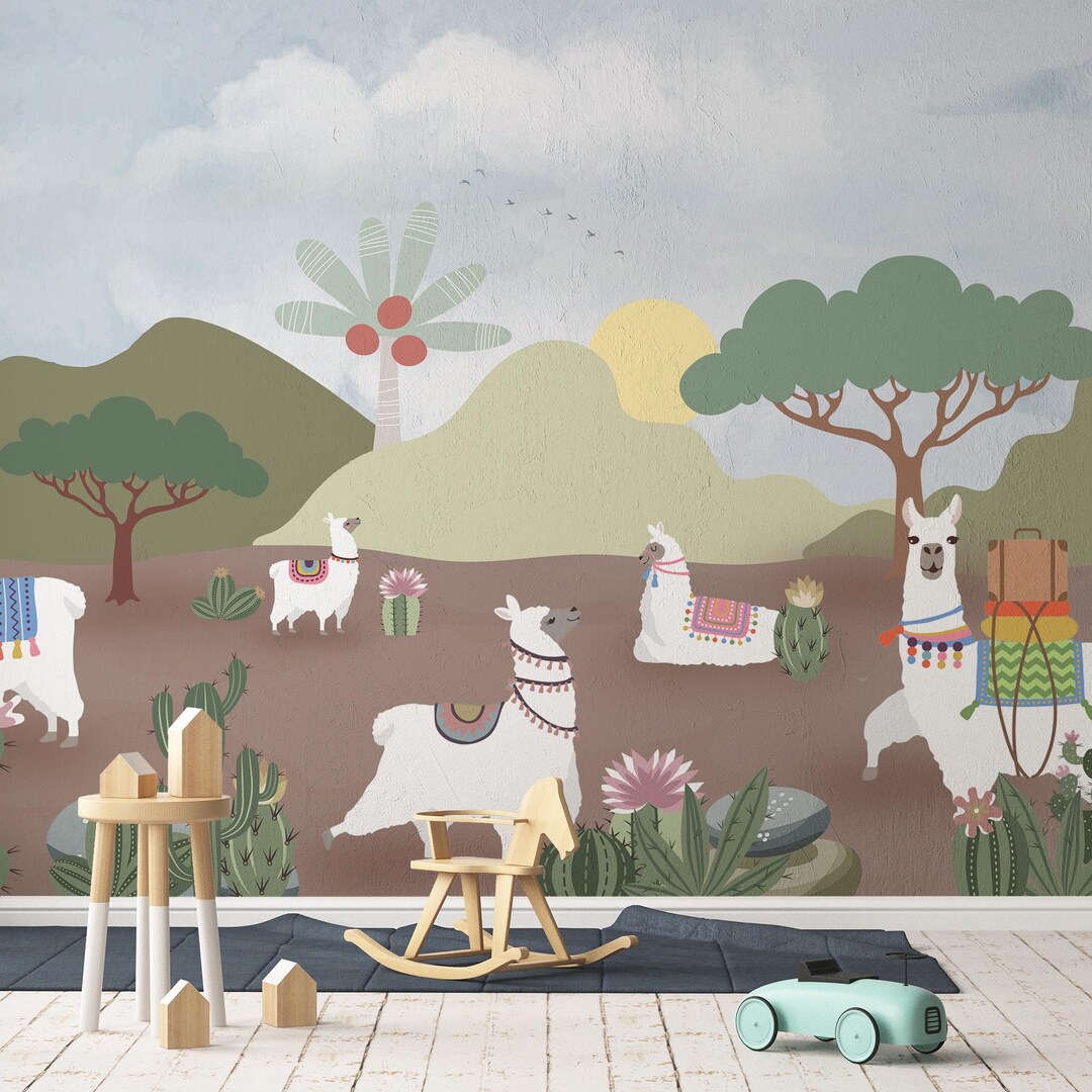 Llama and Cactus Wallpaper: Mountain Nursery Peel and Stick Mural - Etsy