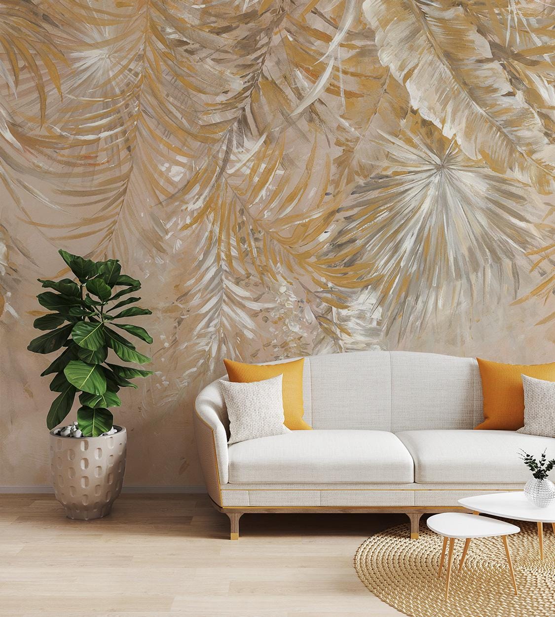 Golden Palm Leaf Botanical Wallpaper Mural-aw54 - Etsy