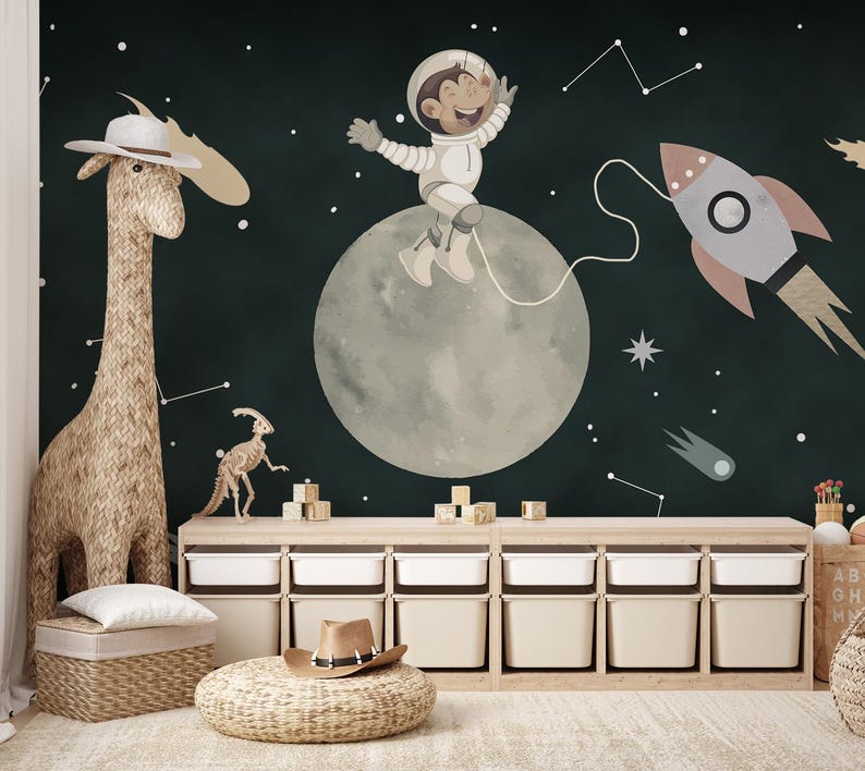 Mural infantil de papel pintado de astronauta mono: Luna, estrellas ...
