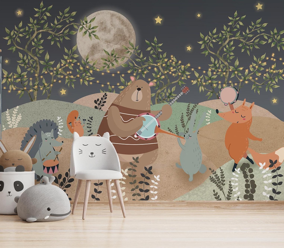 Whimsical Animal Forest Wallpaper Mural - Woodland Wall Mural With Moon ...