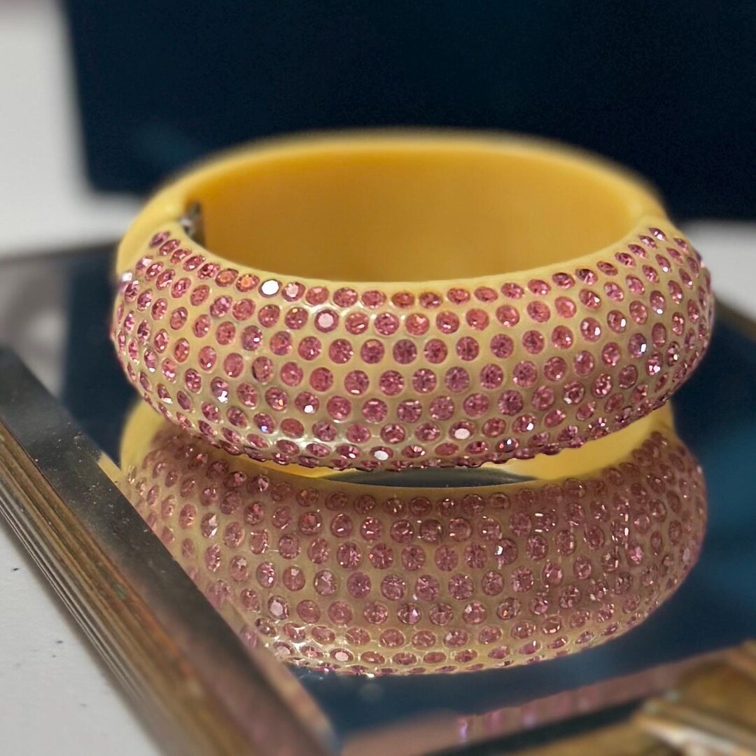 Vintage Weiss Style Clamper Bangle Bracelet Pink Rhinestones Cream Off ...