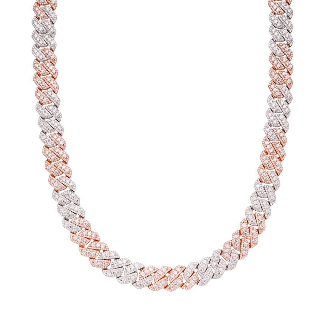 12MM Moissanite Iced Out Cuban Chain 2 Tone Rose Link 925 Sterling ...