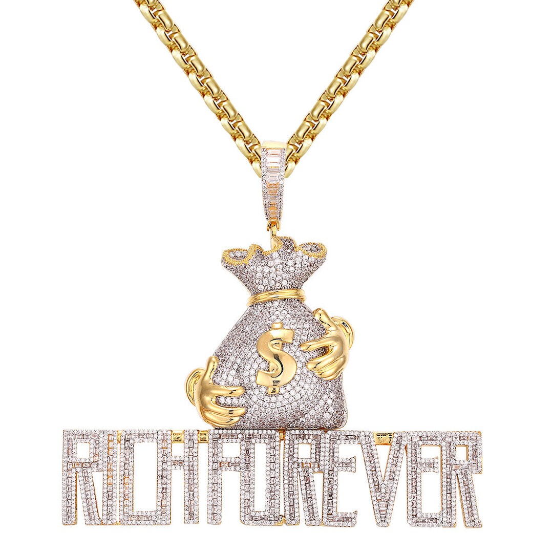 14k Gold Tone Pendant Rich Forever Hand Holding Moola Dollar Money Bag ...