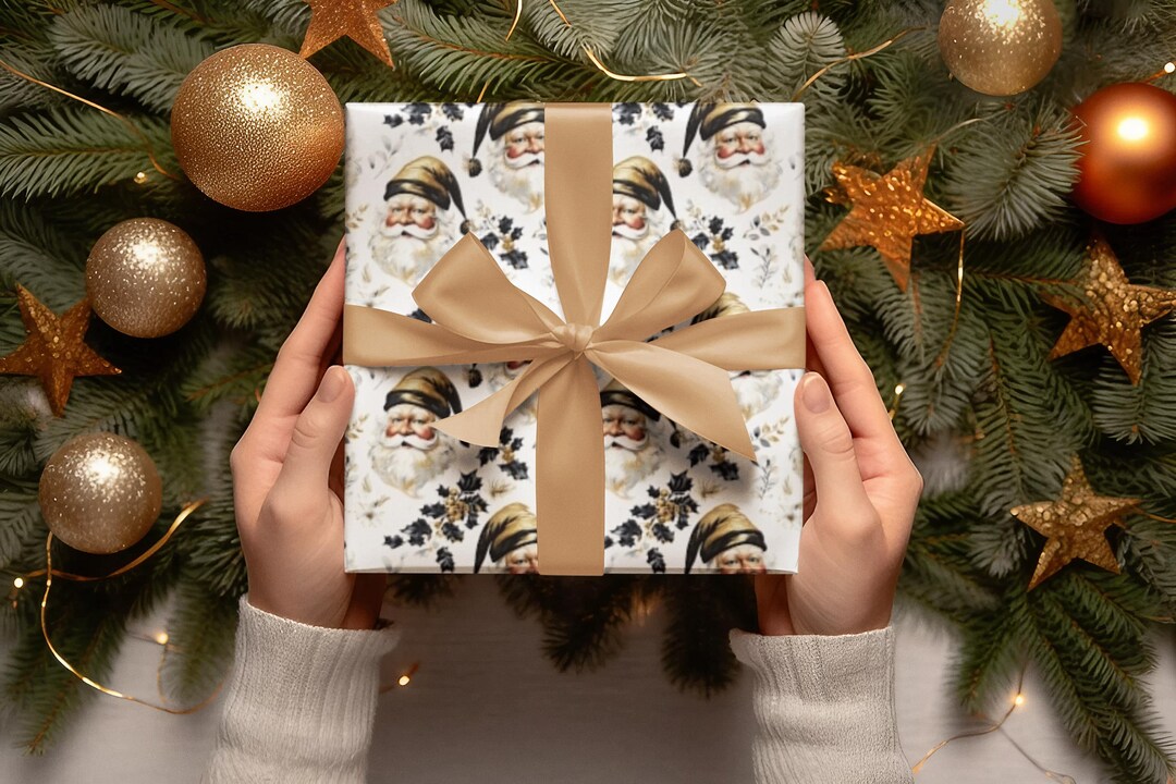 Vintage Santa Wrapping Paper, Gold & Black Wrapping Paper, Elegant Gift ...