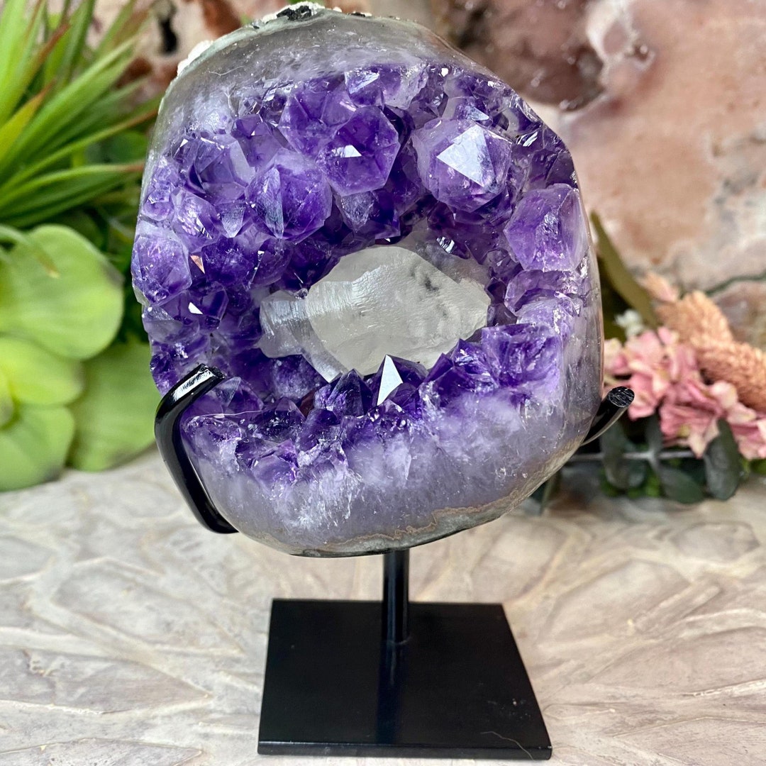 Juicy Uruguayan Amethyst Geode With Calcite and Black Metal Stand - Etsy