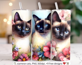 Siamese Cat & Roses Tumbler Sublimation Transfer Ready to Press Heat ...