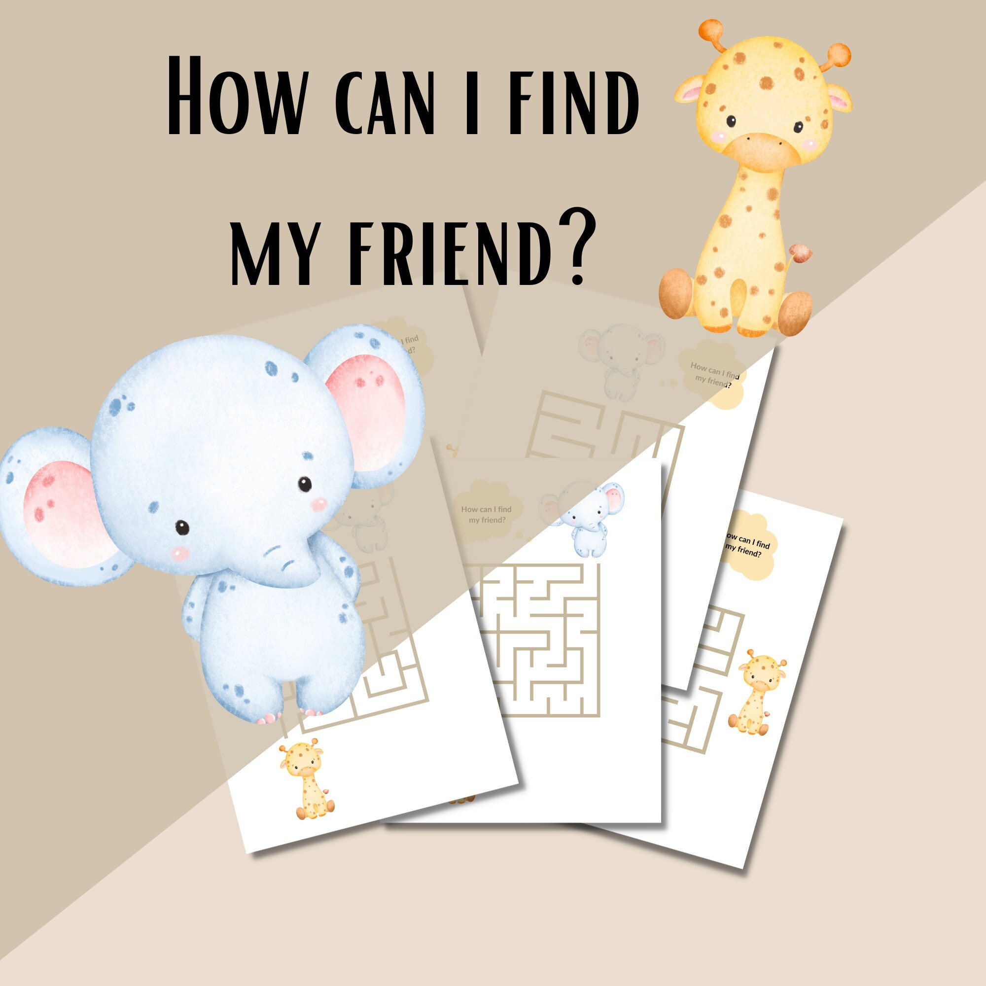 Easy Maze, Printable Elephant and Giraffe Maze Games for Kids, Activity ...