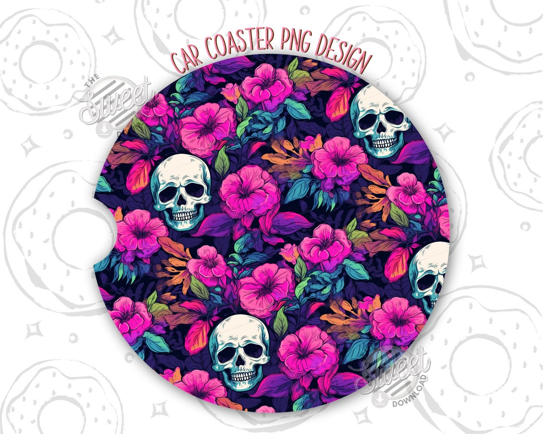 Skull Car Coaster PNG, Floral Skull Sublimation Car Coaster, Halloween ...