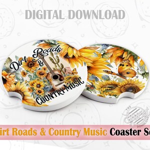 Dirt Roads Country Music Car Coaster PNG, Sunflower Round Coaster ...
