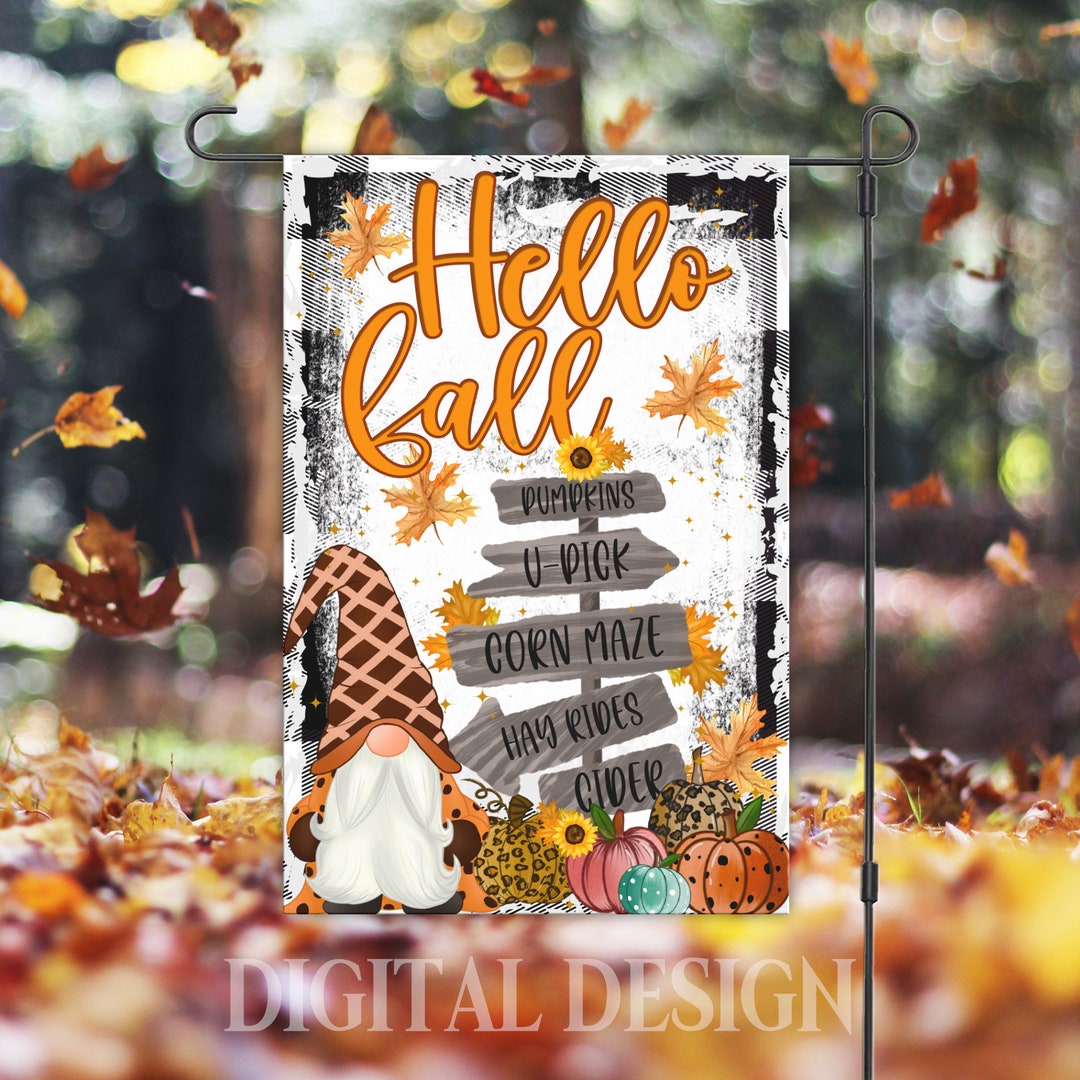 Fall Garden Flag PNG, Hello Fall Garden Flag Design, Gnome Sublimation ...