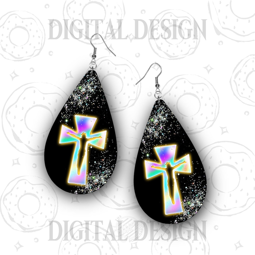 Cross Earring PNG, Easter Sublimation Earring, Holographic Drop Earring ...