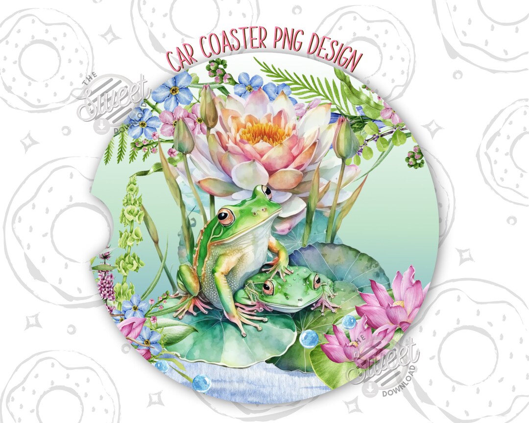 Frog Car Coaster Sublimation Design, Cute Frog Car Coaster PNG, Pond ...