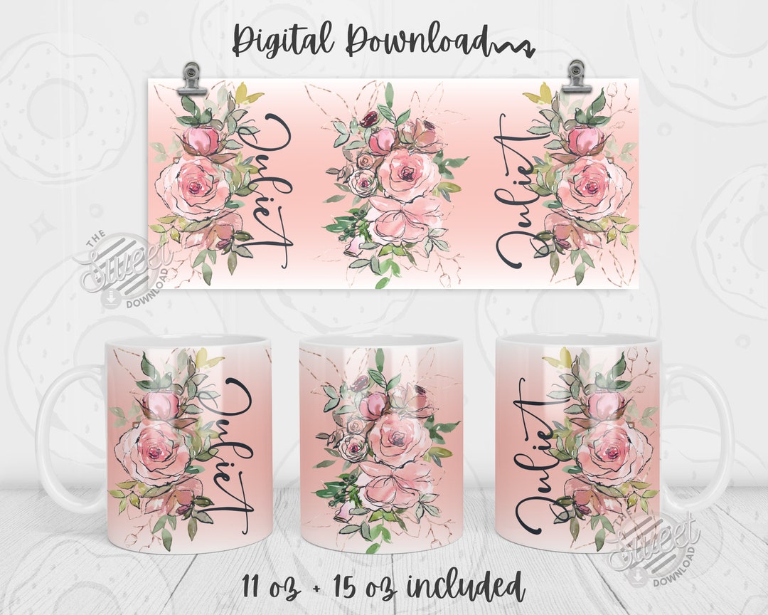 Floral Mug PNG, Add Name Sublimation Mug, Rose Gold Flower Mug ...