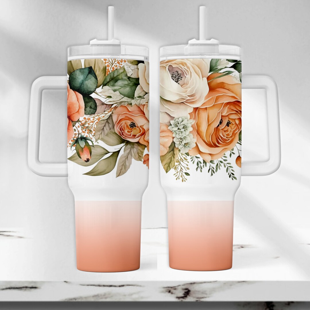 Peach Floral 40 Oz Tumbler Wrap, Ivory Floral 40 Oz Tumbler PNG, Orange ...