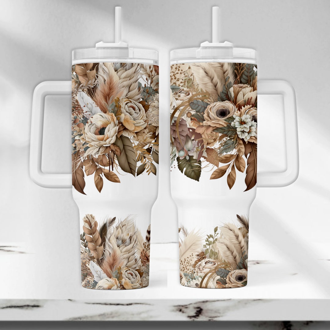 Boho 40 Oz Tumbler Wrap, Brown Floral 40 Oz Quencher Tumbler PNG ...