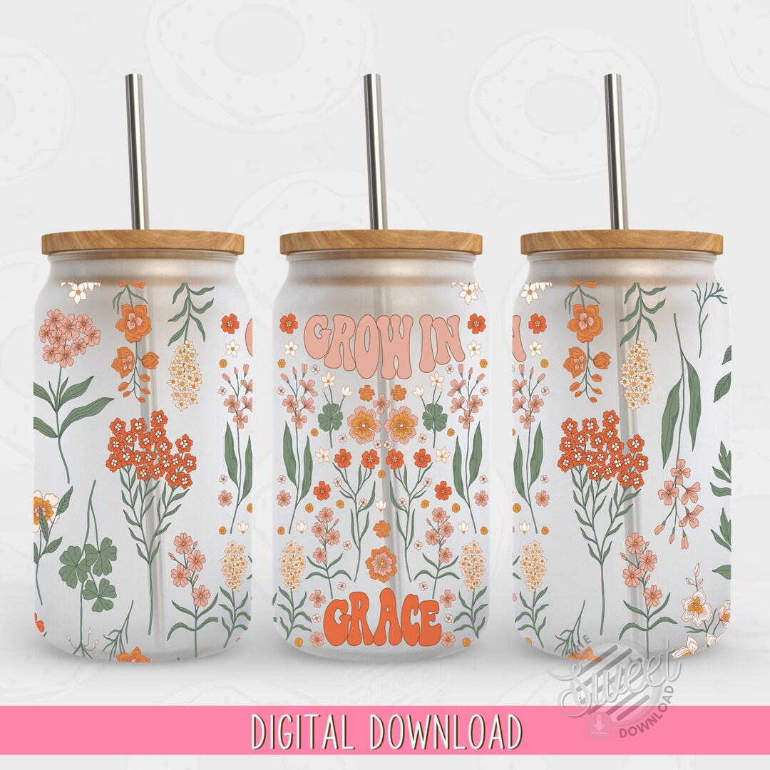 Retro Glass Can Wrap, Grow in Grace 16 Oz Glass Can PNG, Retro Glass ...