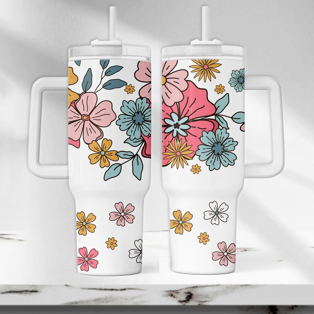 Floral 40 Oz Tumbler Wrap, Retro 40 Oz Tumbler PNG, Hand Drawn Flower ...