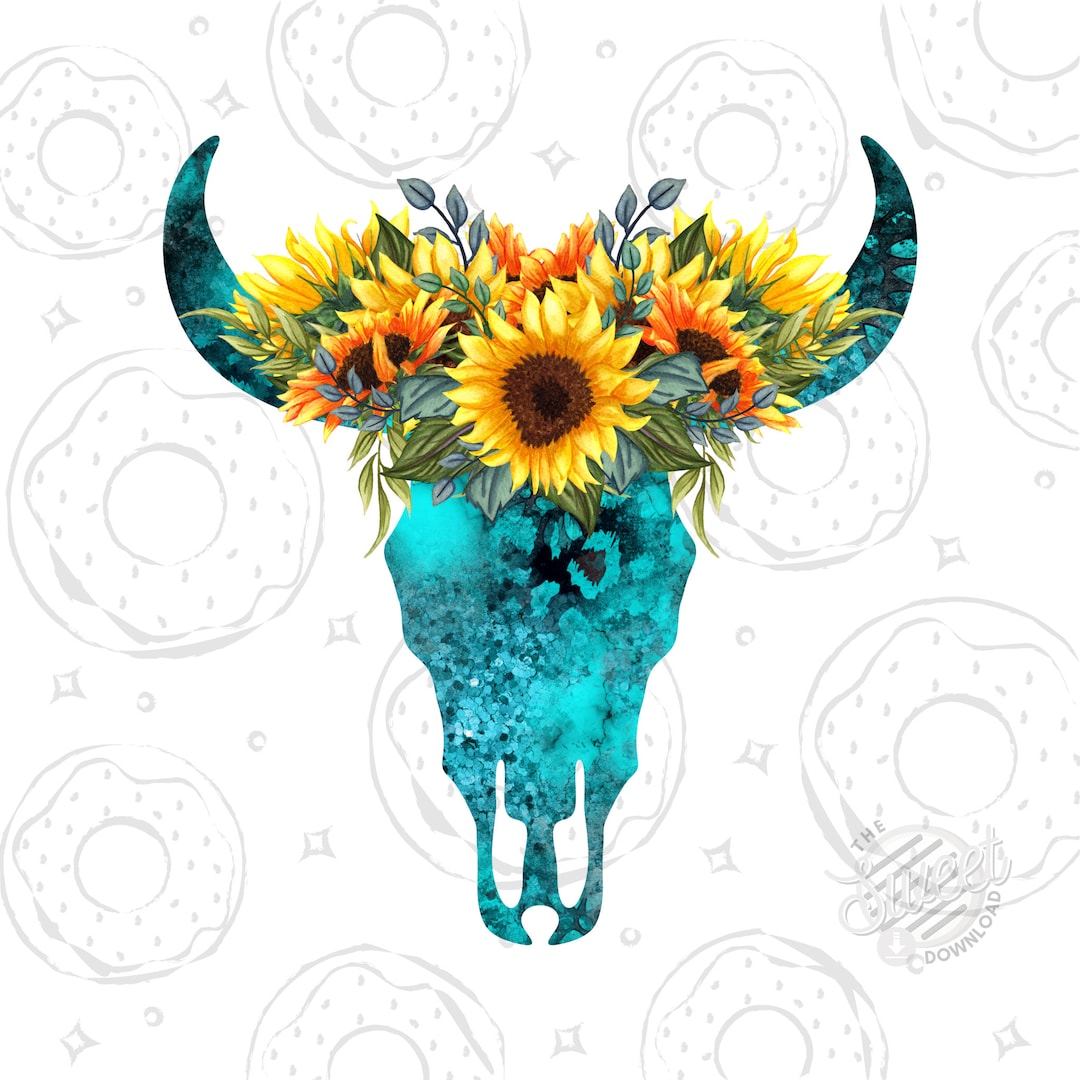 Turquoise Bull Skull PNG, Bull Skull With Sunflowers Sublimation Design ...