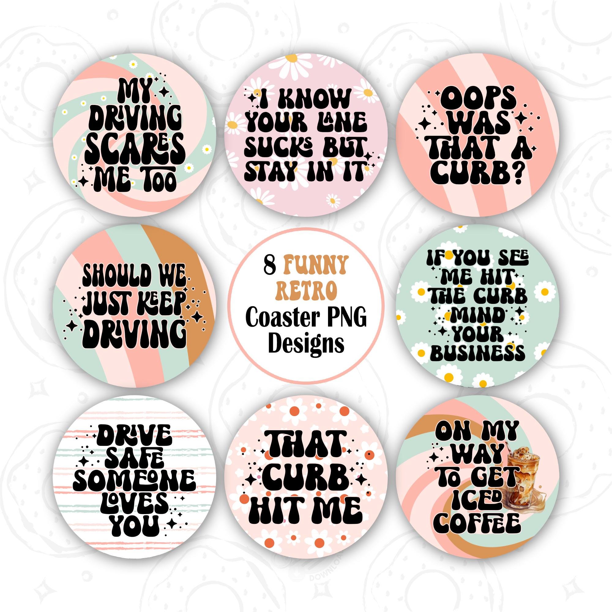 Retro Funny Car Coasters PNG Bundle, Car Coaster Sublimation Designs ...