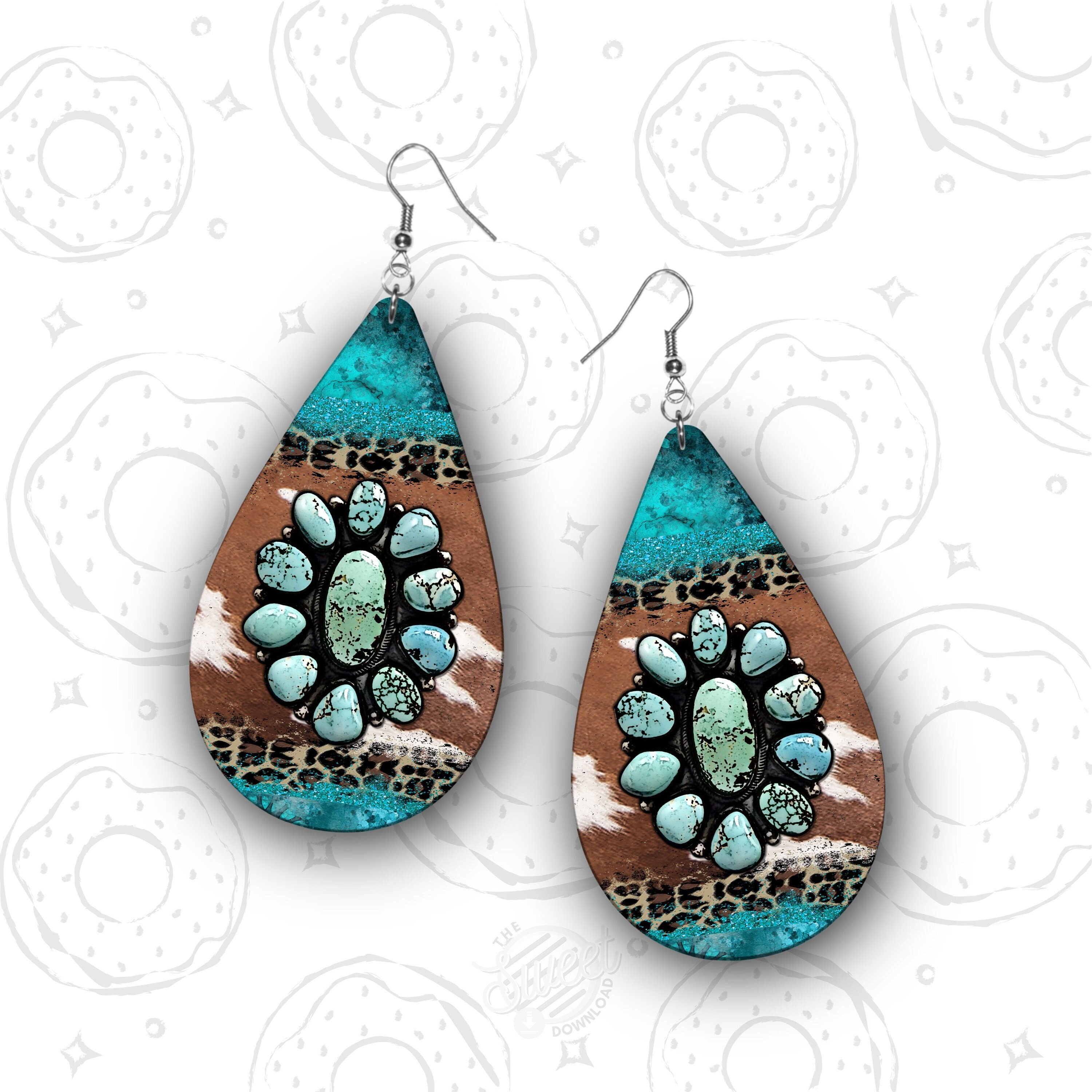 DIGITAL Western Earring PNG, Turquoise Gemstone Cowhide Leopard Print ...
