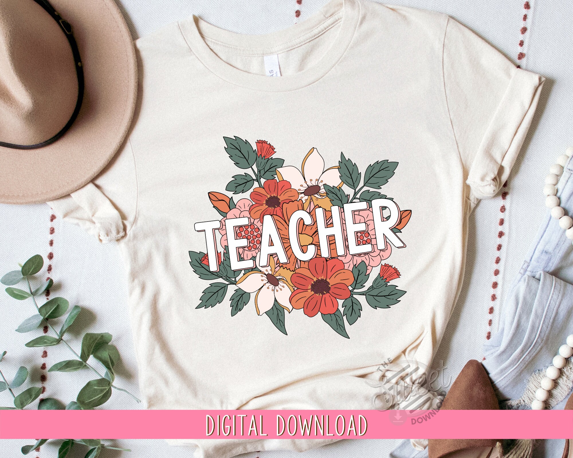 Teacher PNG, Floral Teacher Sublimation Design, Teacher Shirt Design ...