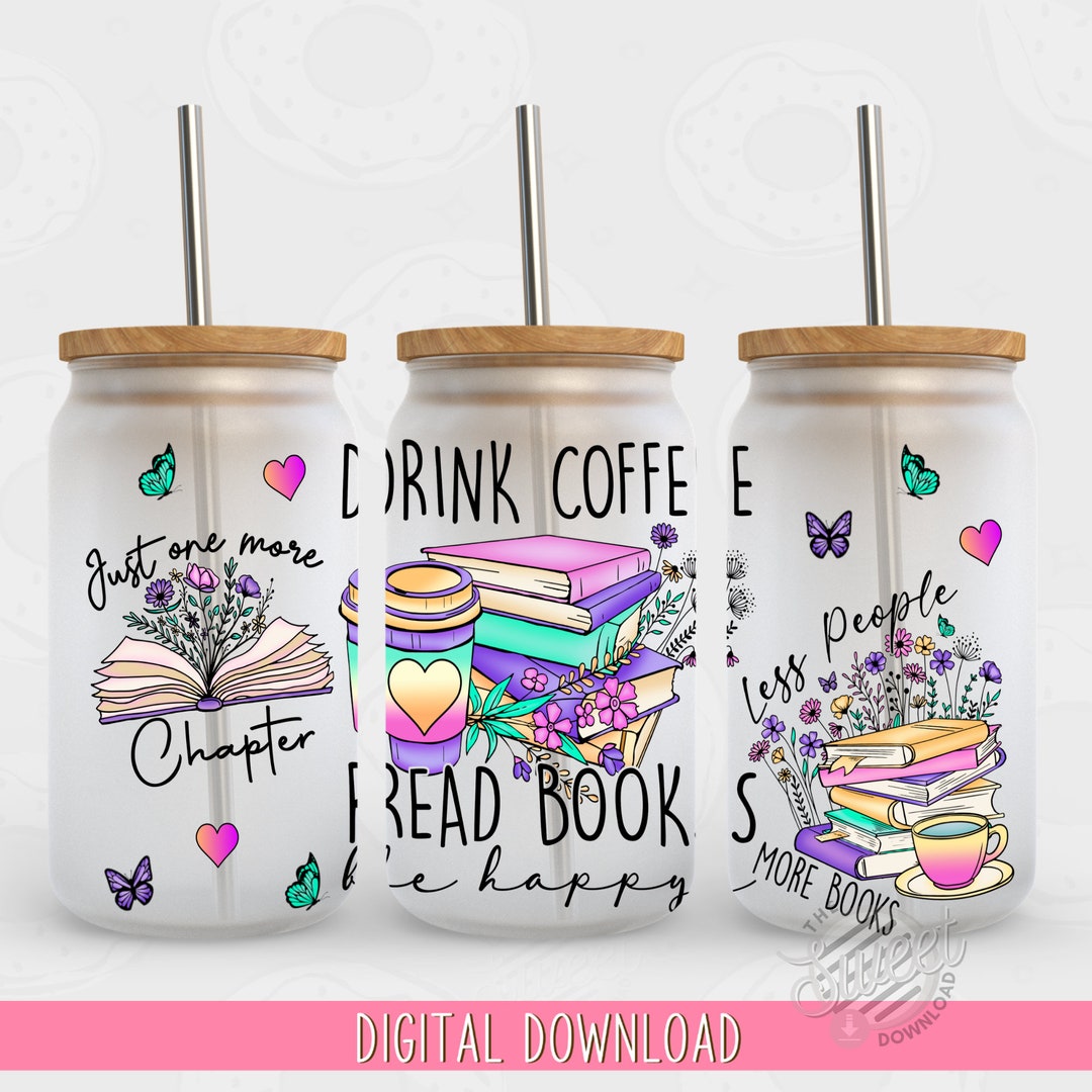 Book 16oz Glass Can Sublimation Design, Book Lover Glass Can Wrap PNG ...