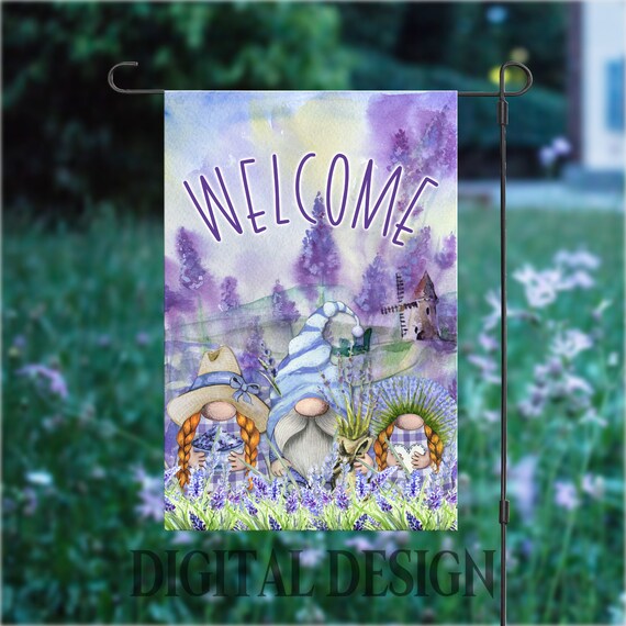 Welcome Gnome Garden Flag PNG Lavender Flowers Garden Flag - Etsy