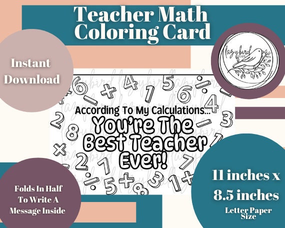 Best Teacher Math Theme Coloring Card | Printable | Digital Download - Etsy