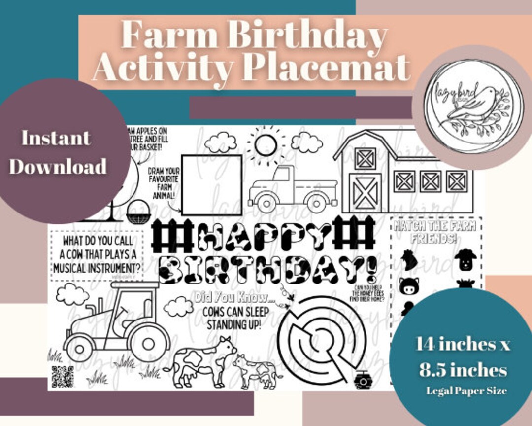 Farm Theme Birthday Activity Placemat - Etsy