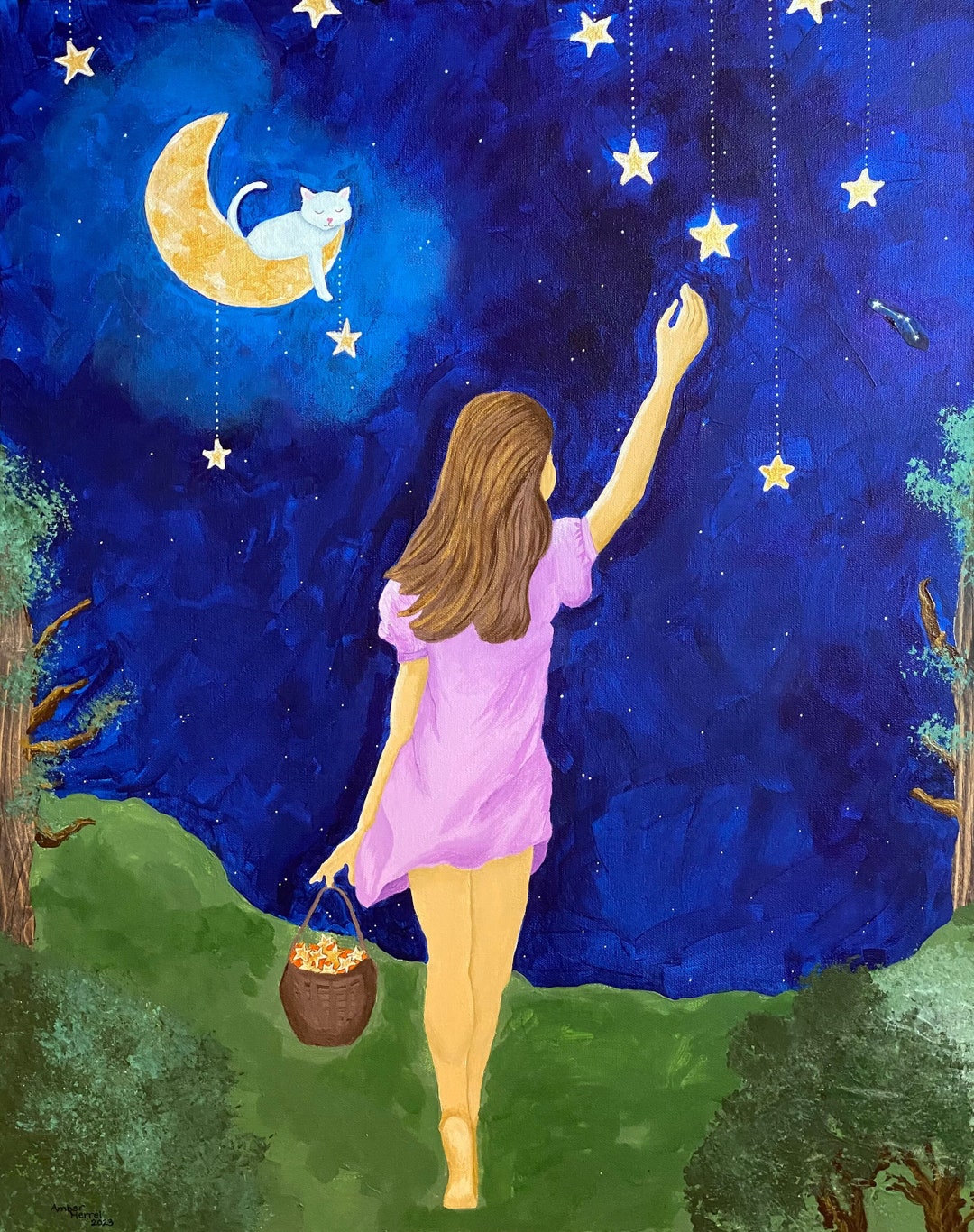 Girl and Cat Hanging Stars Art Print, Girl in Night Sky Wall Print ...