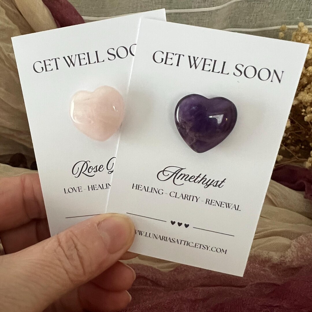 Get Well Soon Crystal Heart Gift Card: Amethyst or Rose Quartz Keepsake ...