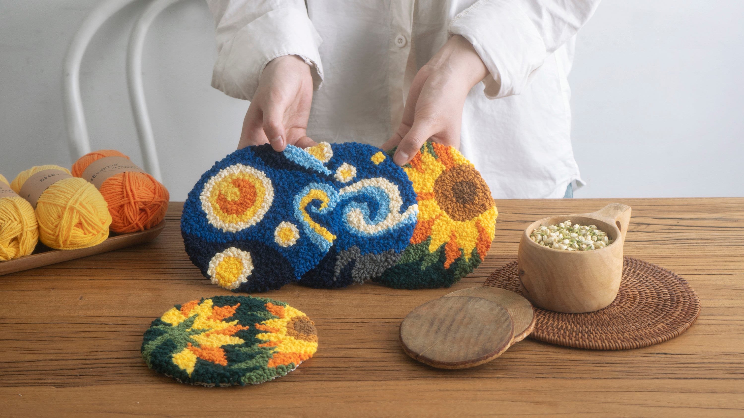 Starry Night & Sunflower Pattern Punch Needle Coaster|punch Needle Kit ...