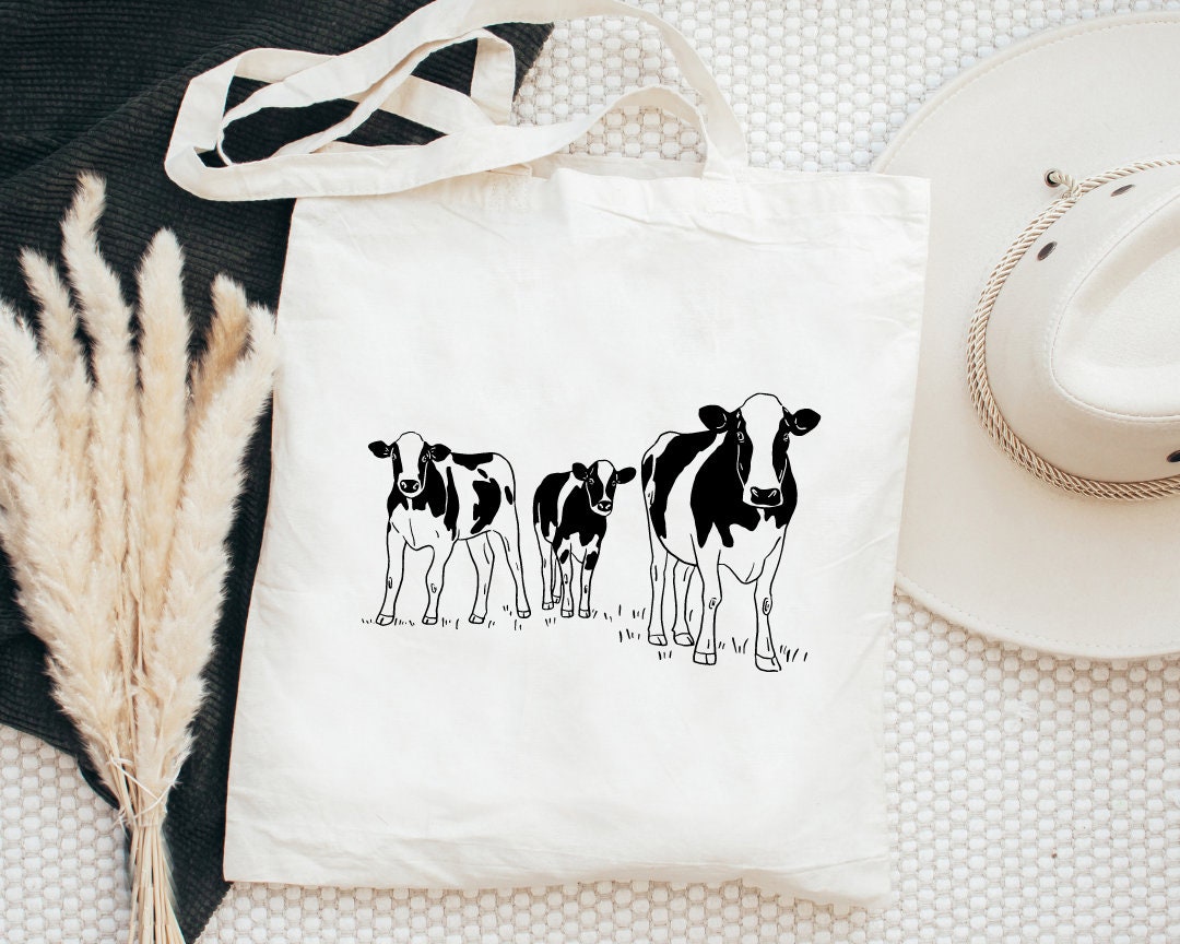 Cute Cow Tote Bag, Cow Design Bag, Cow Tote, Natural Cotton Canvas Tote ...