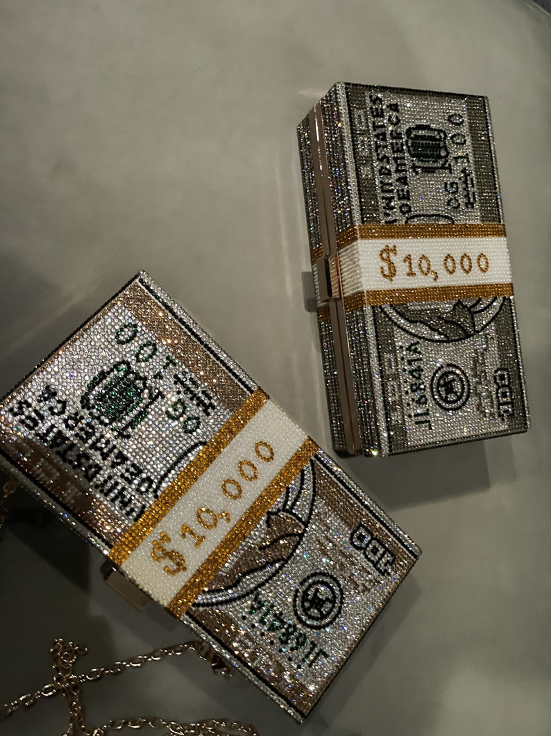 Gray Crystal 100 Dollar Bill Clutch Handbag Stack of Money Purse Money ...
