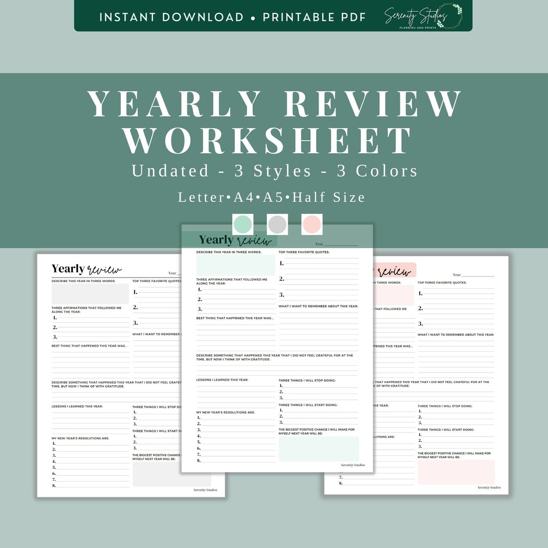 Yearly Review Worksheet, Printable Undated Annual Reflection, Yearly ...