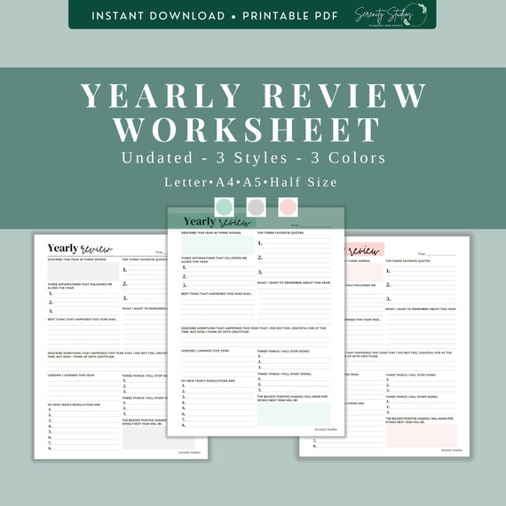 Yearly Review Worksheet Printable Undated Annual Reflection | Etsy